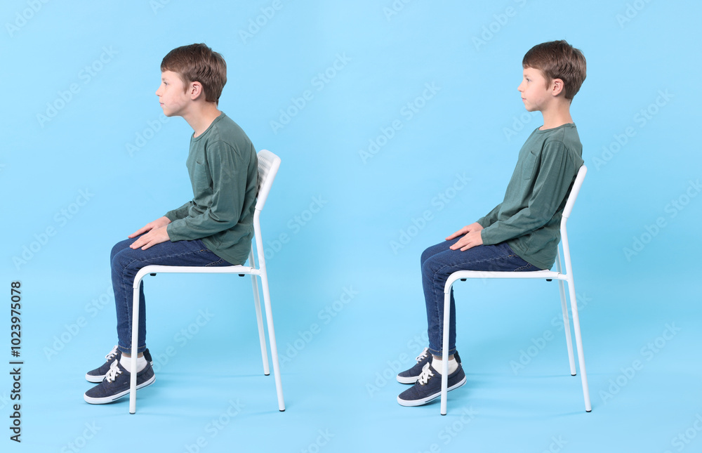 Good and bad posture, collage. Boy sitting on chair against on light ...