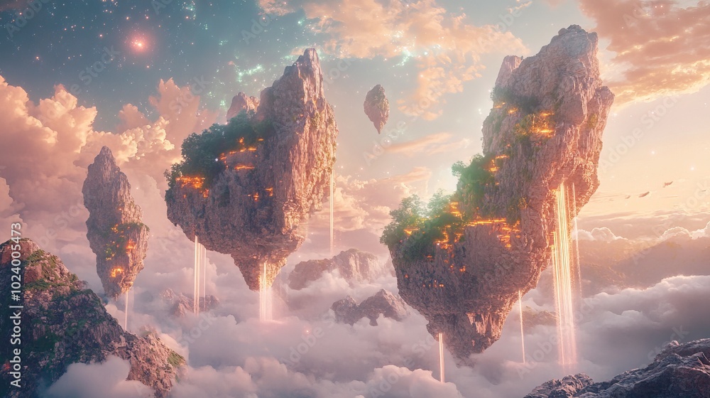 A surreal landscape with floating islands, glowing waterfalls, and an ...