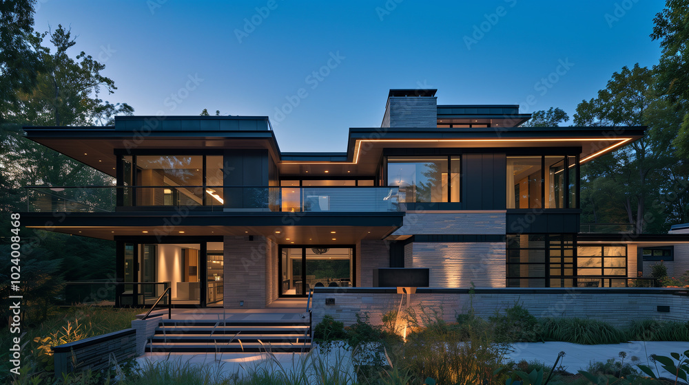 Contemporary two-story home with a floating staircase, cantilevered ...