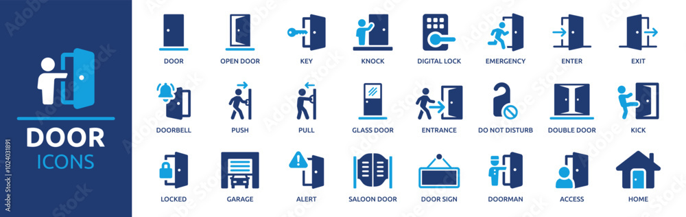 Door icon set. Containing enter, exit, doorbell, knock, open door, home ...