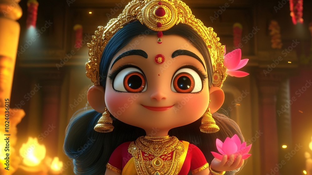 Adorable cartoon depiction of Goddess Lakshmi with large expressive ...