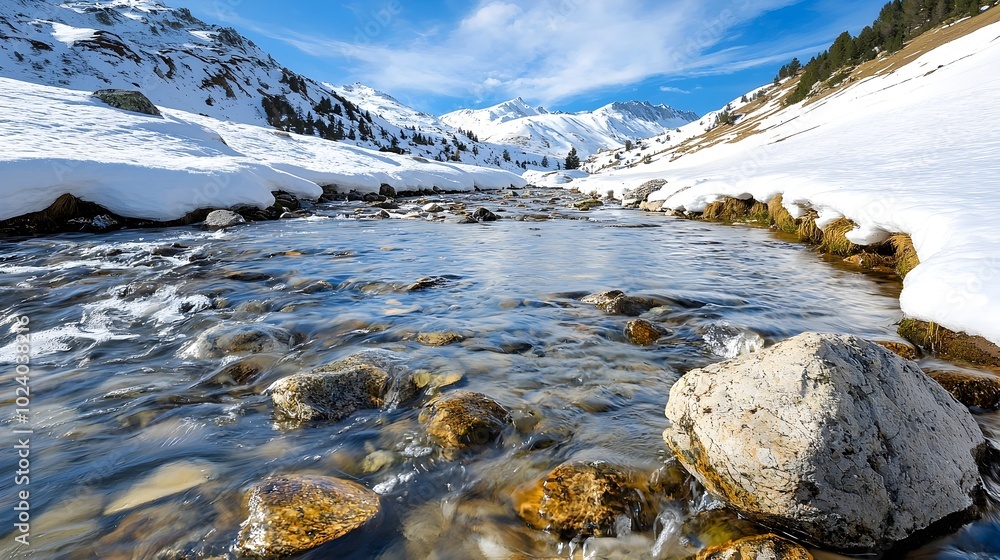 Melting snow cascading into a picturesque mountain stream representing ...