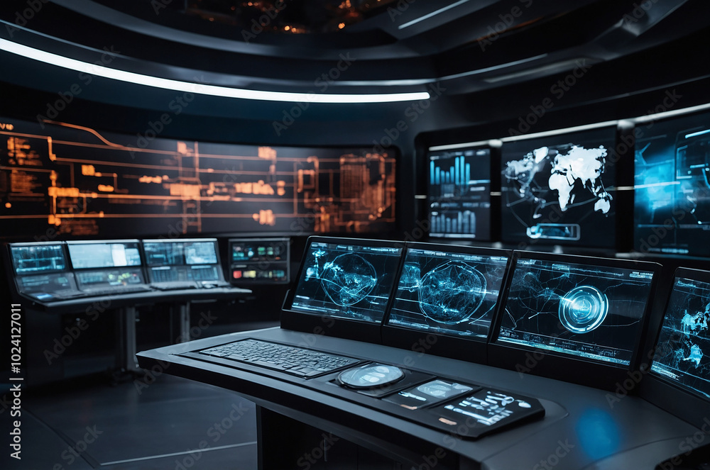 Futuristic control room background with illuminated screens and ...