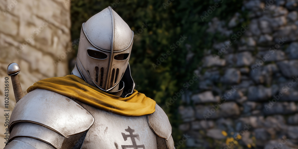 Medieval knight wearing helmet and chain mail posing outdoors Stock ...