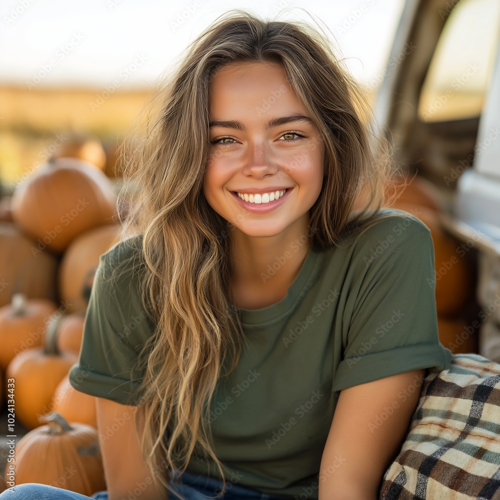 woman sitting back truck pumpkins smiling fashion model face youthful ...
