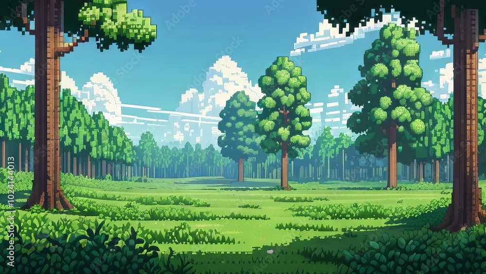 Retro 8-Bit Pixel Art Forest Landscape in Video Game Screen Design ...