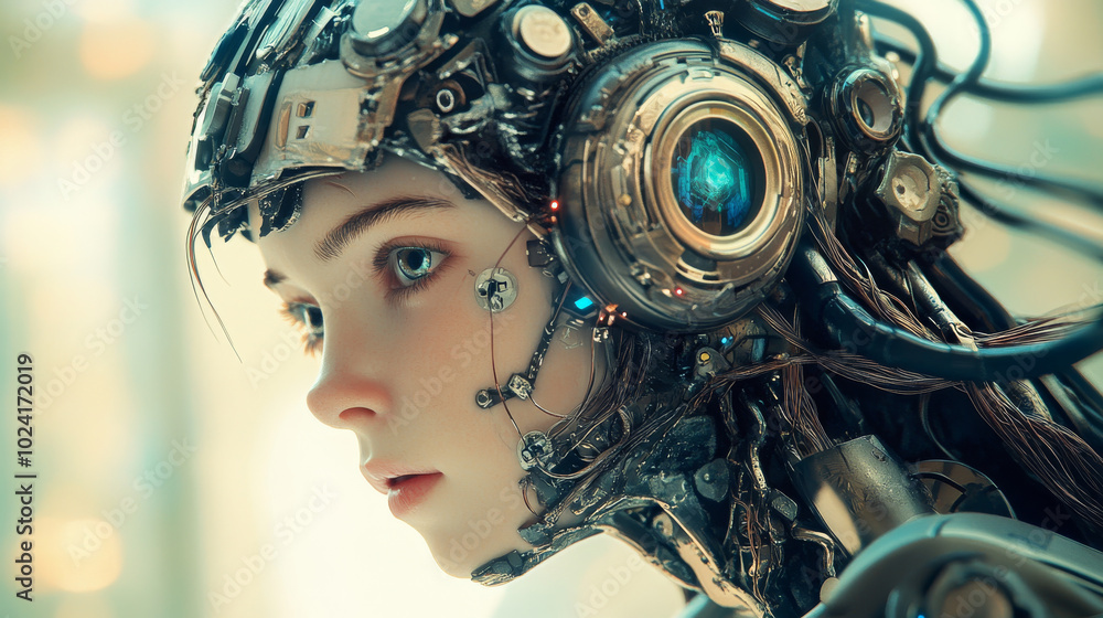 Ilustración de Stock A cyborg girl with a computer brain is a ...