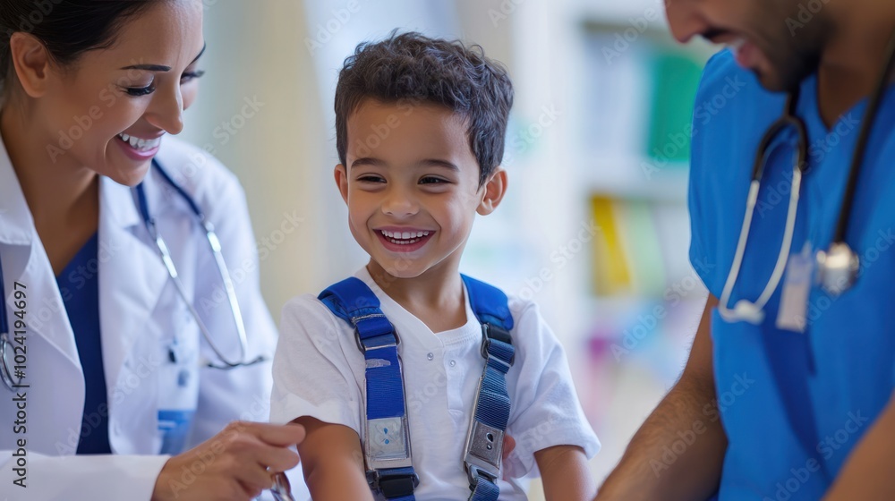 A pediatric medical team using a small, adjustable brace on a young ...