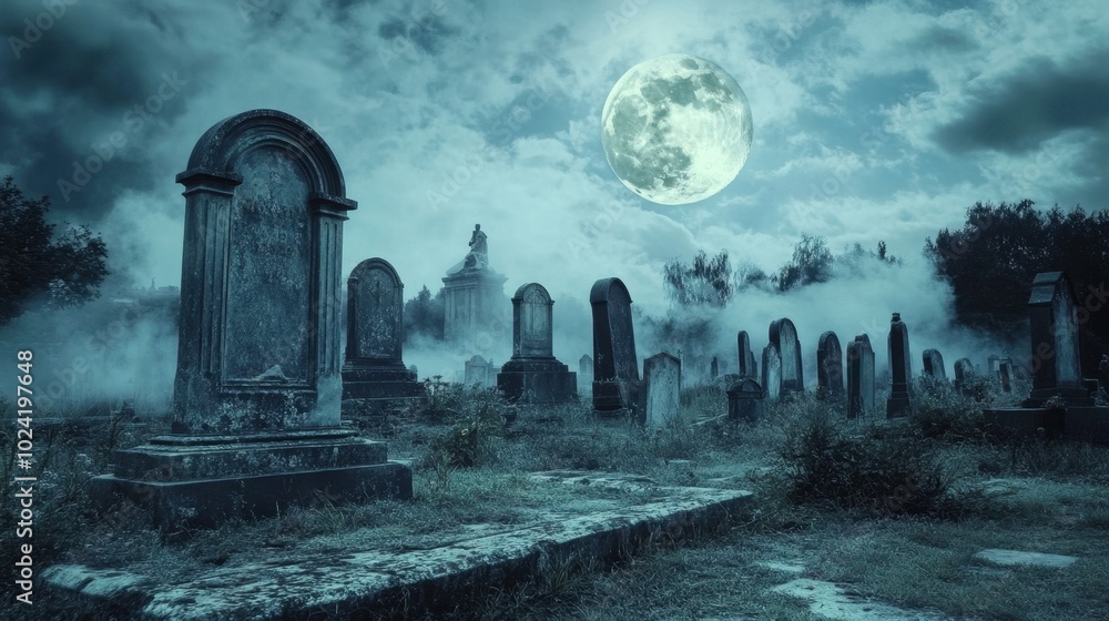 Old, decrepit graveyard with weathered tombstones, fog rolling over the ...