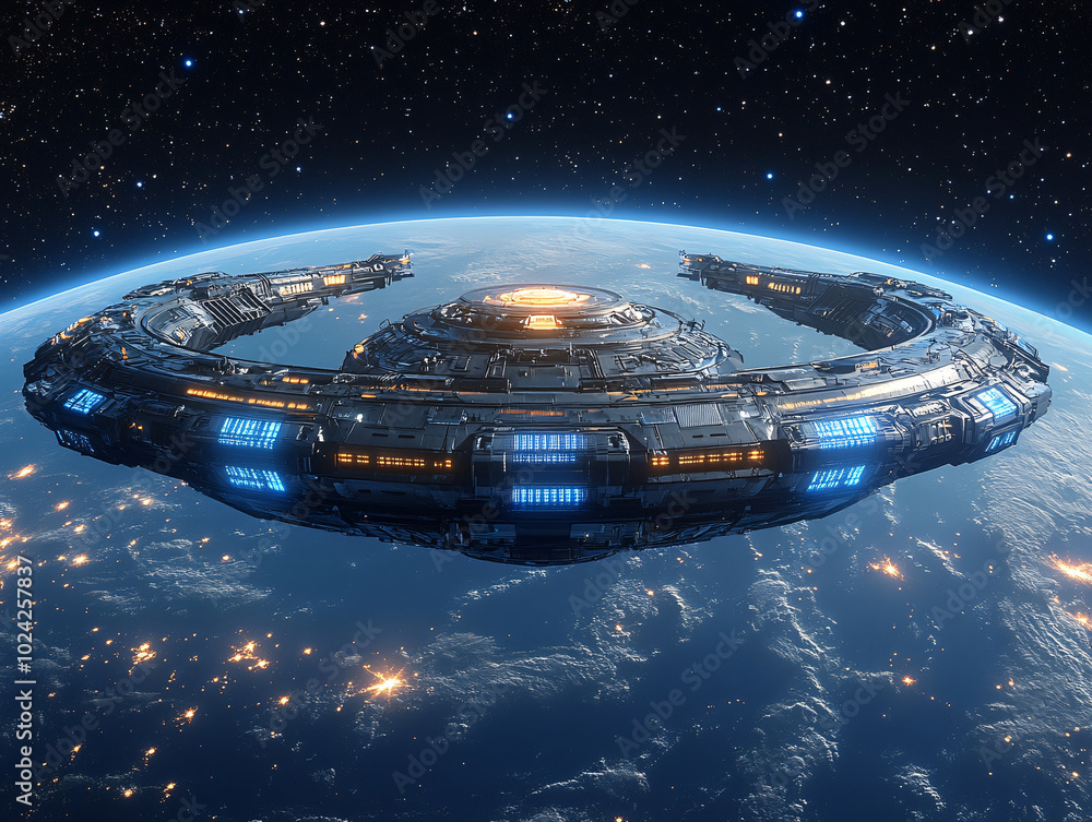 a futuristic spaceship with a circular design and a grid of lights on ...