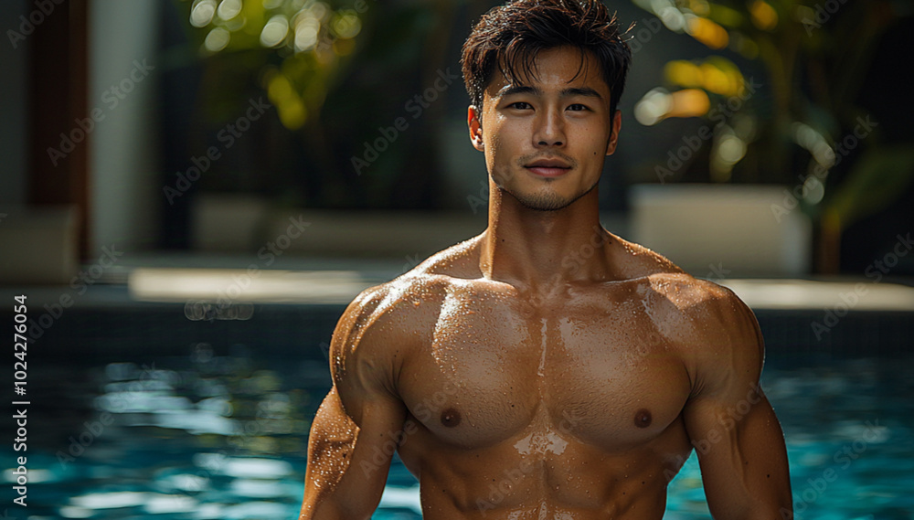 Stock-Foto „A 21-year-old Chinese man with a chiseled face and a fit ...