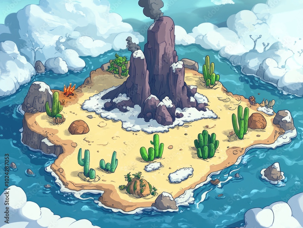 2D cartoon adventure game UI level map featuring an island in the ocean ...