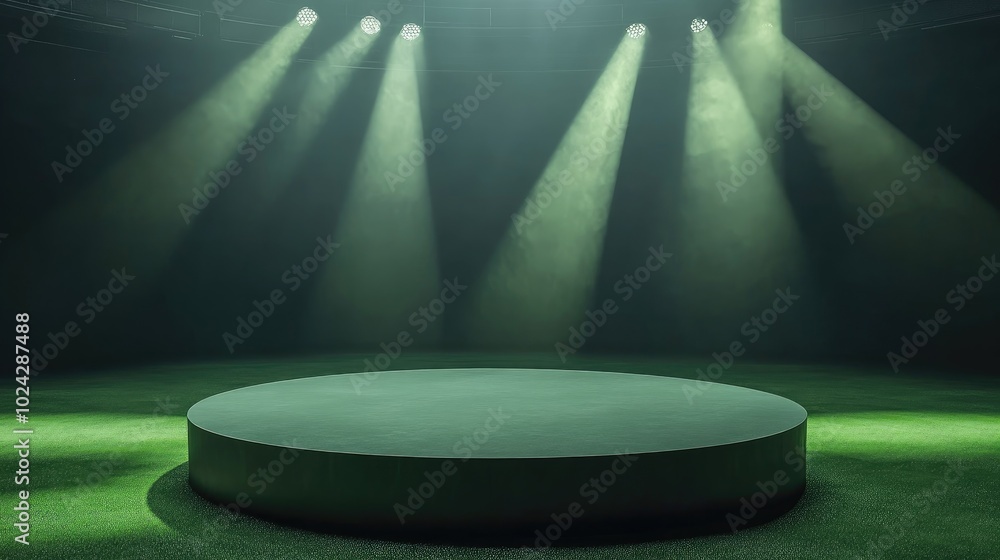 3D cylinder podium in an arena featuring a green football field Empty ...