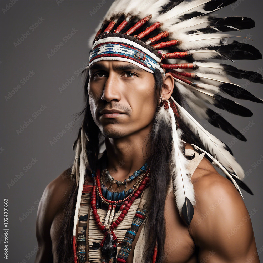 Muscular young American Indian tribal chief in traditional dress, white background. Stock Photo ...