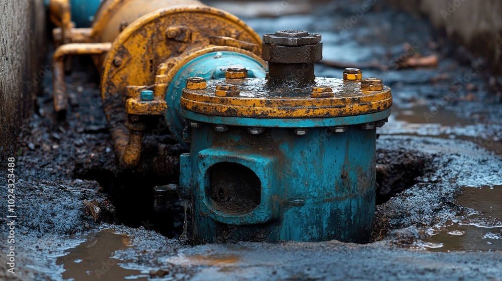 Rusty pipe with yellow cap in mud. This photo illustrates the wear and ...