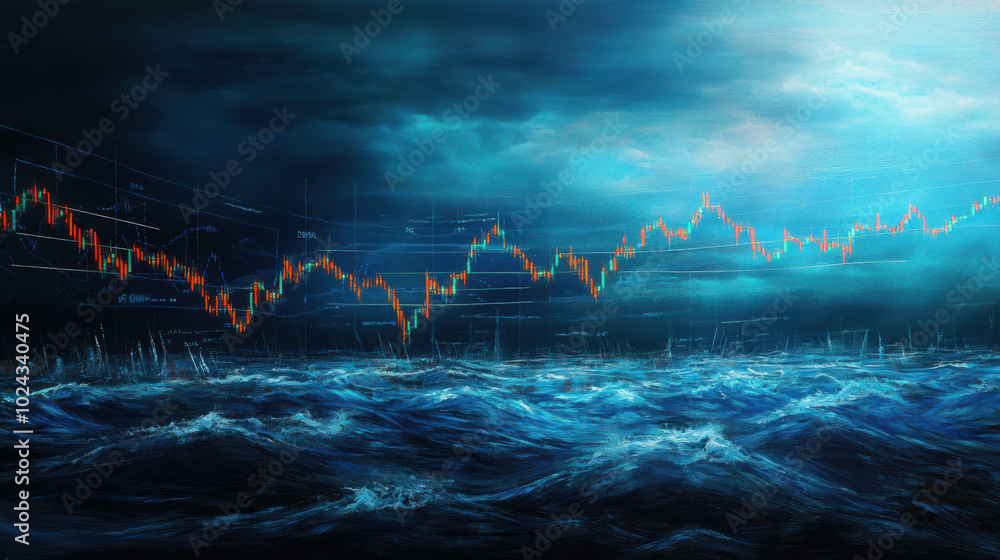Shattered stock market graphs on stormy sea create chaotic yet ...
