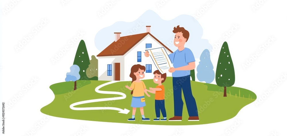 Cartoon-style family practicing a home evacuation plan, with arrows ...
