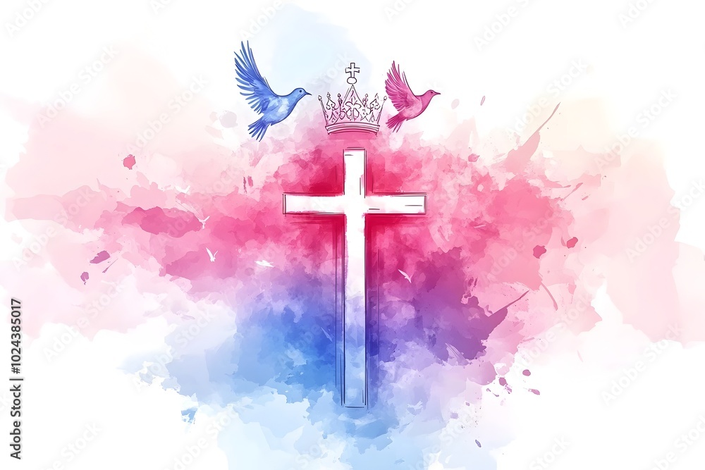 Holy Trinity Symbols of Cross Crown and Dove on Watercolor Backdrop ...