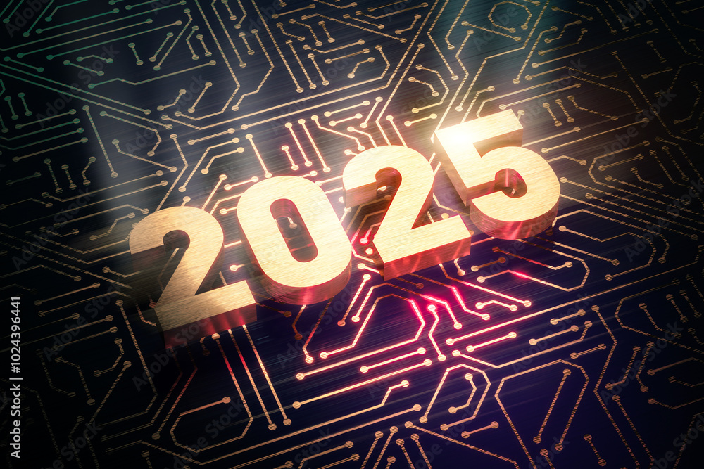 2025 digits on circuit board wire lines golden color shine over black ...
