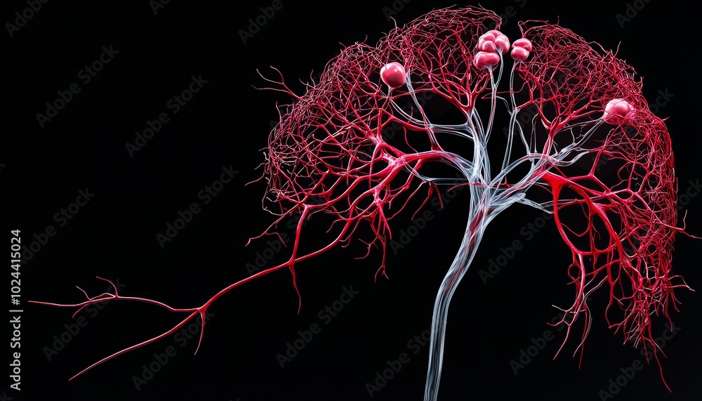 A zoomed-in 3D model of the lymphatic system in the abdomen, showing ...
