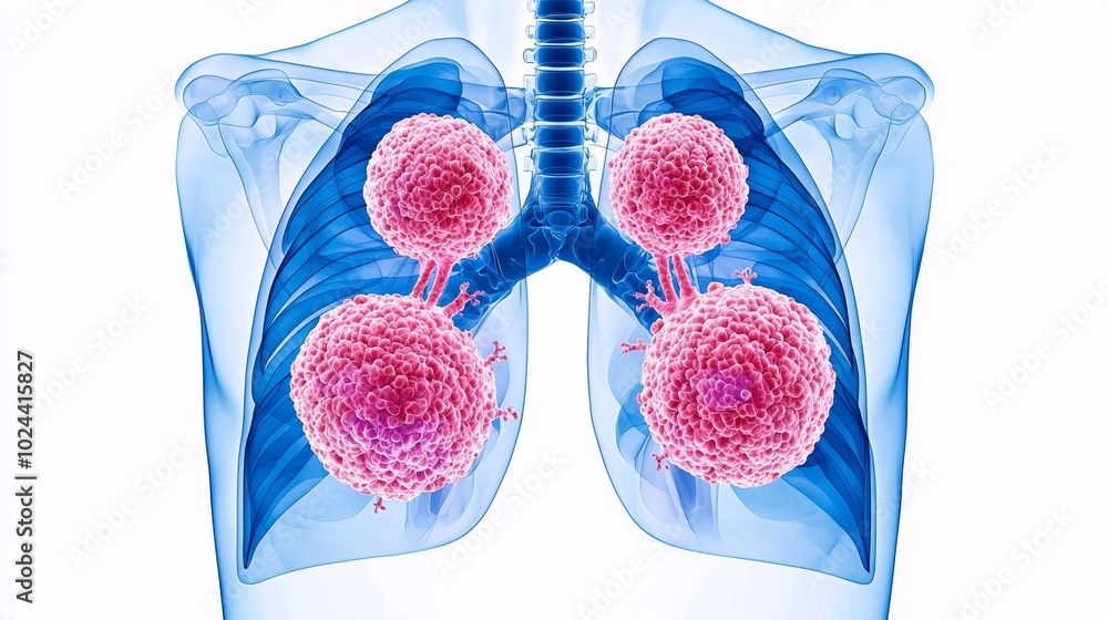 An X-ray illustration of the lungs showing advanced-stage lung cancer ...