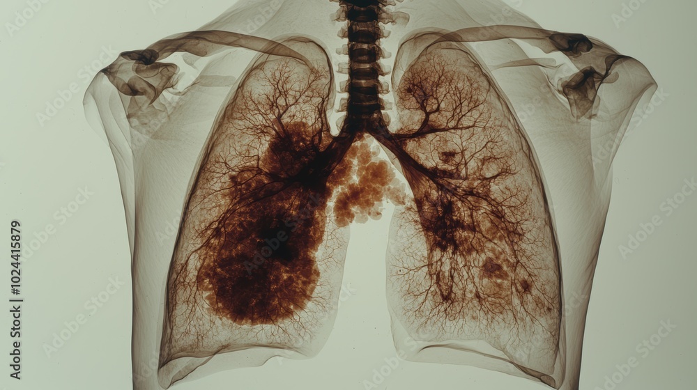 An X-ray of human lungs with visible signs of cancer, showing a large ...