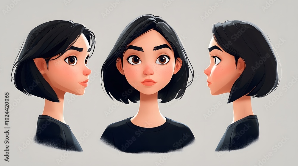 Cartoon illustration of a young woman with short black hair, shown from ...