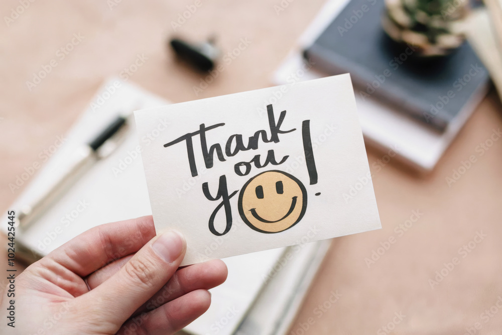 hand holding a handwritten thank you note with a smiley face drawn on ...