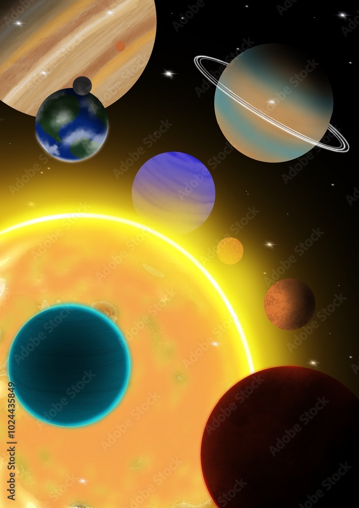 Solar system. All eight planets of different colors and sizes revolve ...
