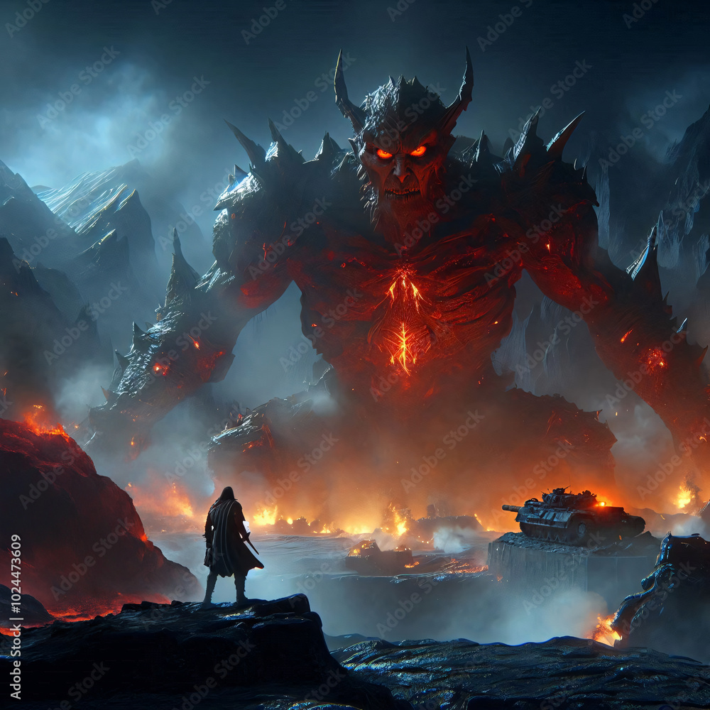 Un guerrero enfrenta a un colosal demonio en un paisaje infernal Stock ...