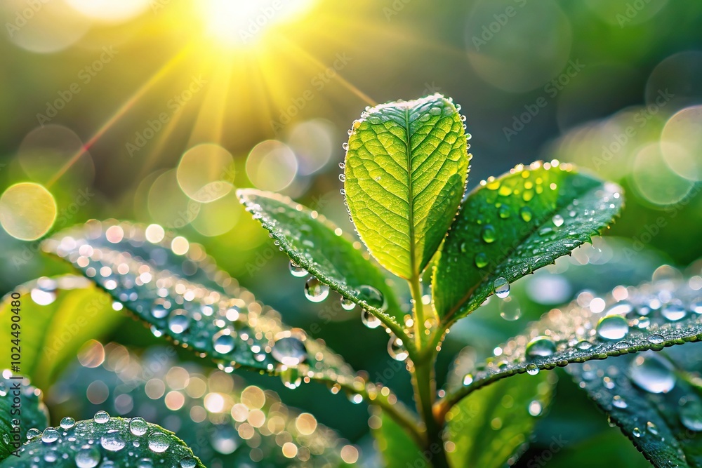 Macro photography of morning dew on fresh leaves illuminated by ...