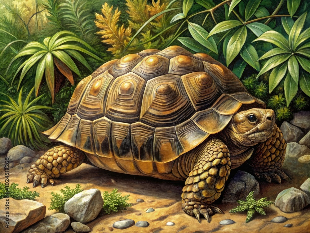 Vintage engraving showcasing the common tortoise in its natural habitat ...