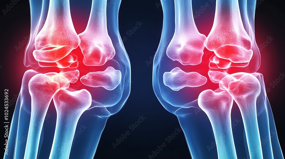 Detailed X-ray of toe joints, pain areas marked with vivid deep red ...
