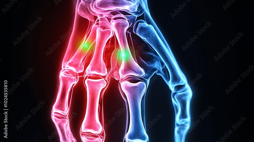 Finger joint X-ray, pain zones depicted in vivid green light, detailed ...