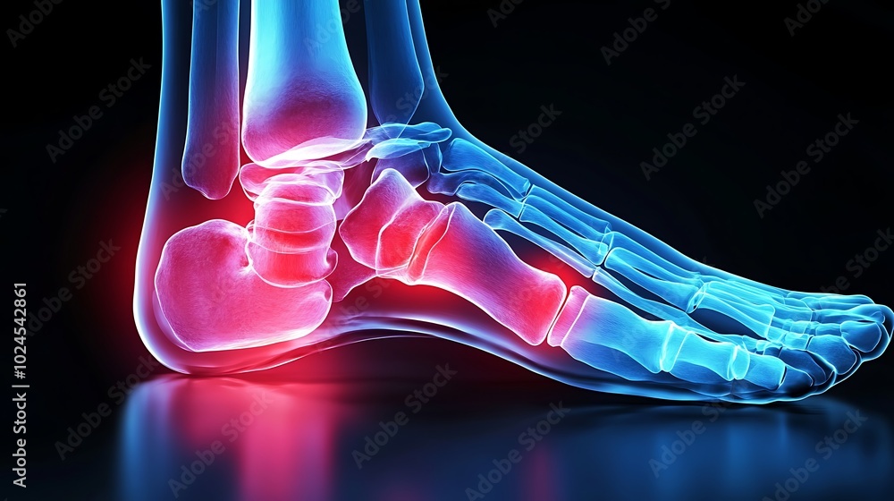 Toe joint X-ray, pain zones depicted in intense deep red, detailed bone ...