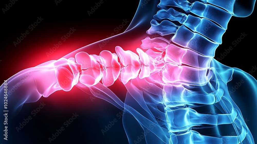 X-ray of neck joint, pain region highlighted with vivid red glow ...