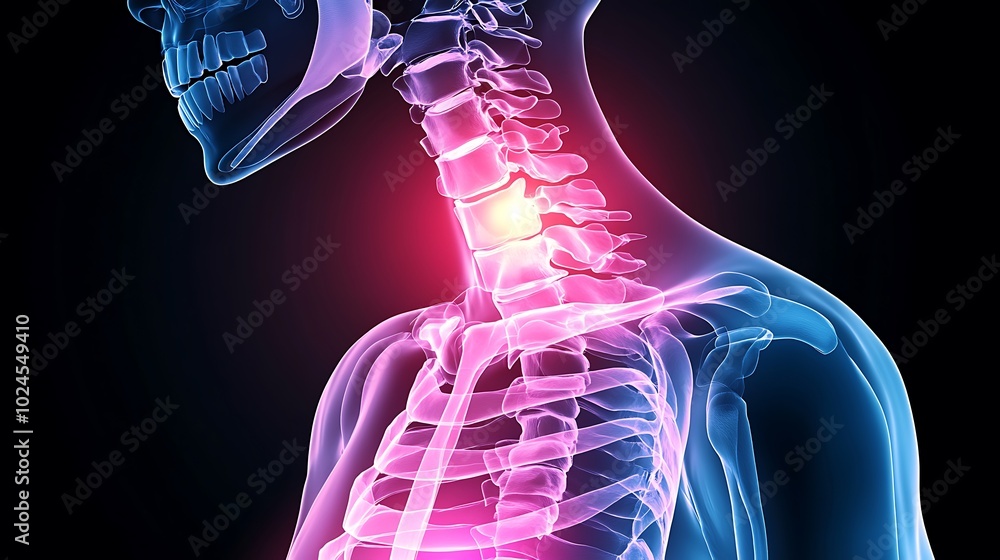 X-ray of neck joint, pain zone highlighted with bright purple gradient ...