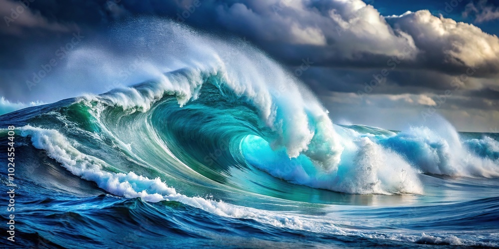 Stormy waves in the ocean with peaks and troughs done in blue and white ...