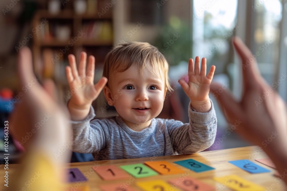 Parents teaching their child how to count using colorful flashcards ...