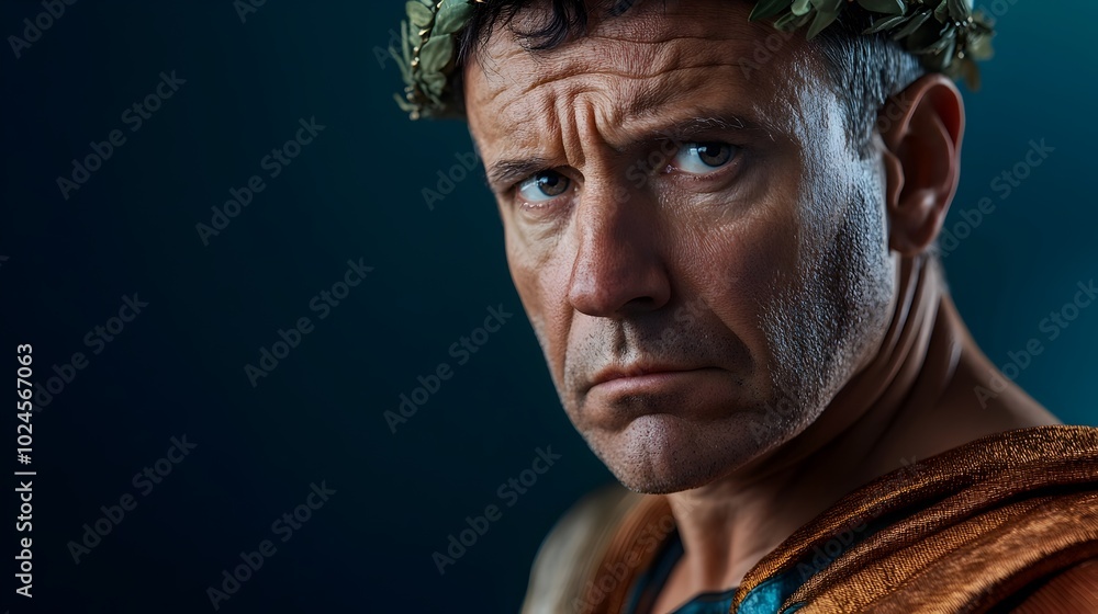 Closeup portrait of a solemn Roman senator wearing a traditional toga ...