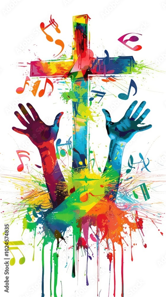 Colorful Christian Cross and Music Notes with Hands Glorifying God ...