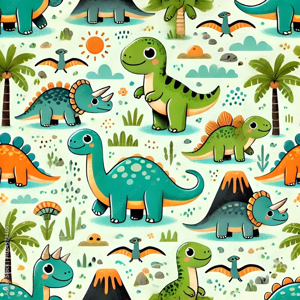 Seamless pattern of cute cartoon dinosaurs in a prehistoric setting ...