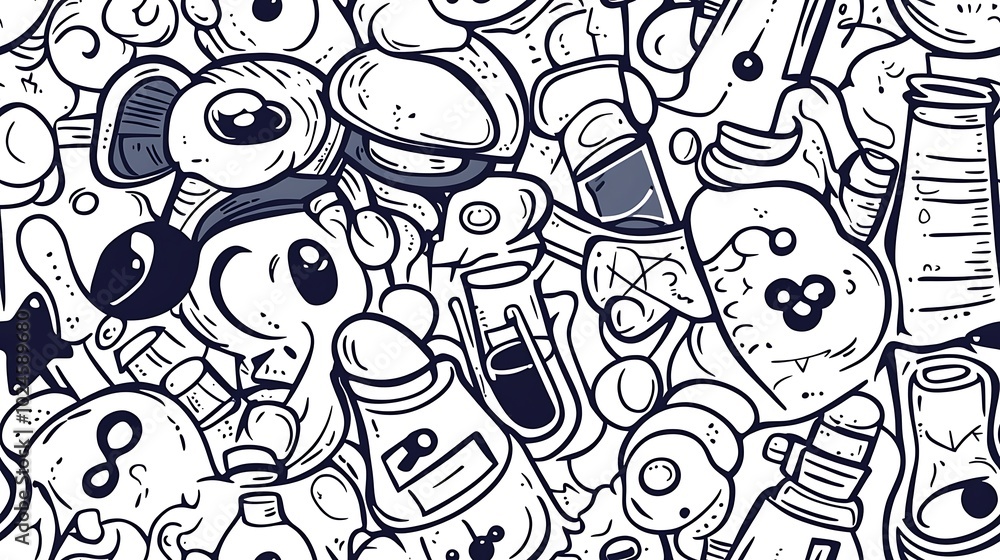 An intricate doodle pattern of a science lab scene, featuring bubbling ...