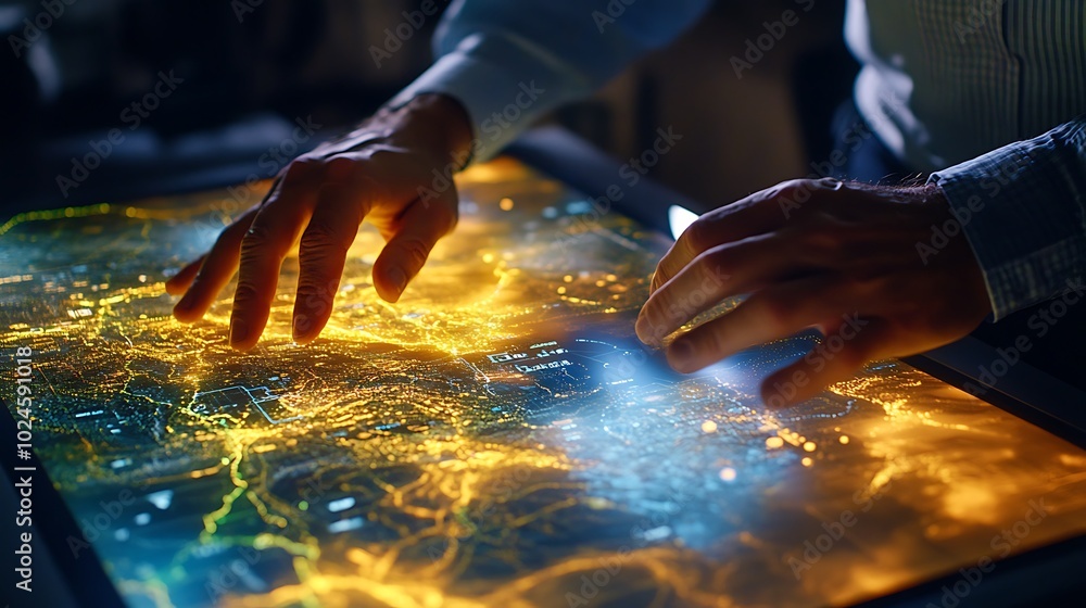 A close-up of a researcher using an interactive touchscreen table to analyze satellite images of ...