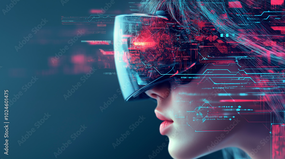 Girl in hi-tech VR glasses with elements of artificial intelligence ...
