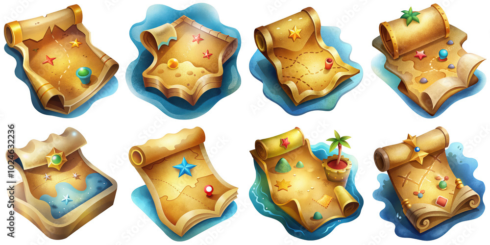 Cartoon illustration set of treasure map with Grainy Textures. isolate ...