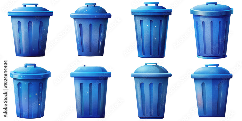 Cartoon illustration set of blue trash bin with Grainy Textures ...