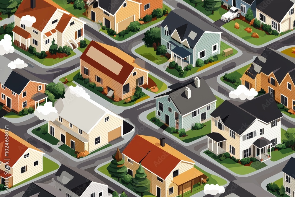 Illustration of a neighborhood with clearly marked evacuation zones ...