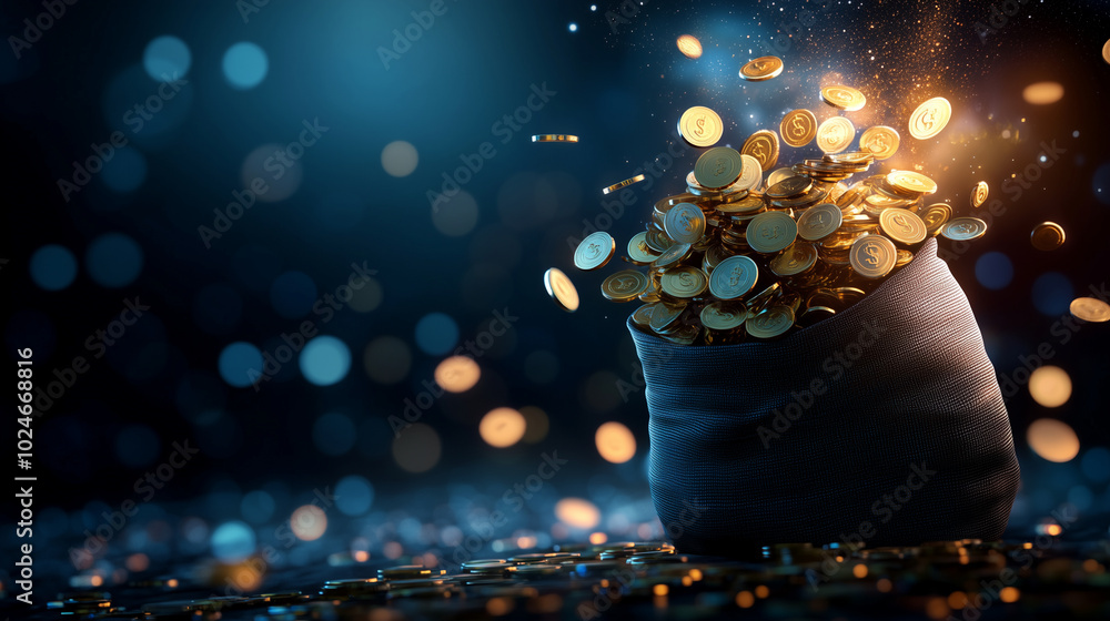 A rendering of a money bag pouring out an endless stream of gold coins ...