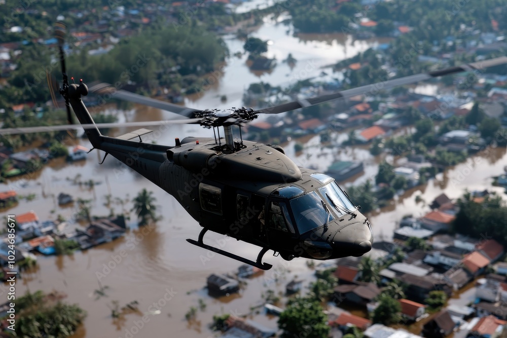 A military helicopter soars over a flooded residential area ...